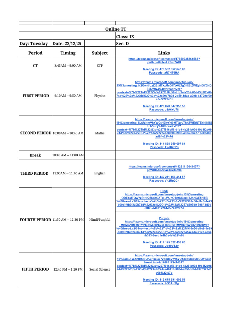IX D Time Table (Tuesday).Xlsx | PDF