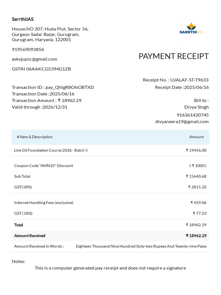 Payment Receipt for GS Foundation Course | PDF