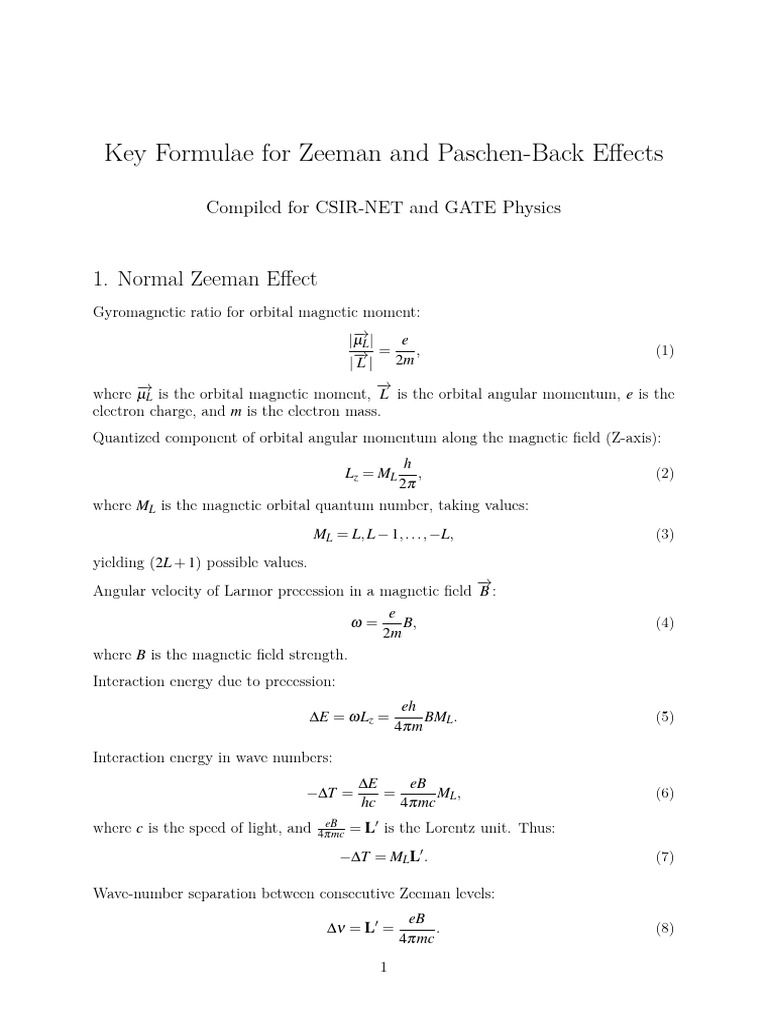 Zeeman and Paschen-Back Effects Formulas | PDF | Chemical Physics ...