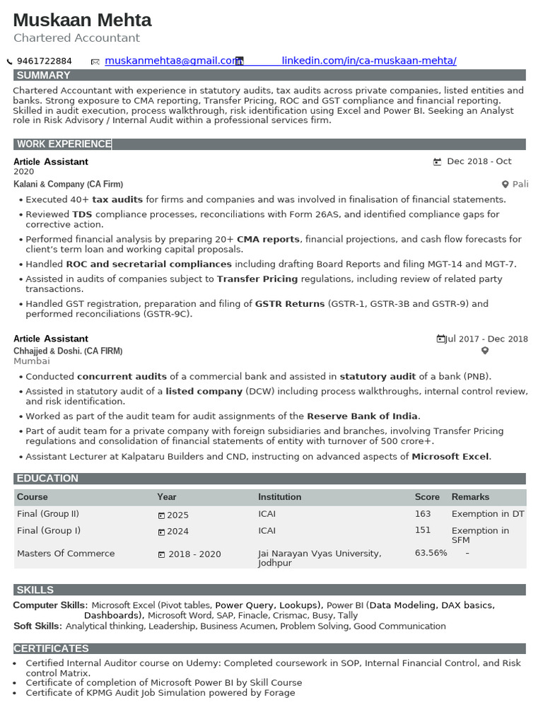 Muskan Resume I - KPMG | PDF | Audit | Business