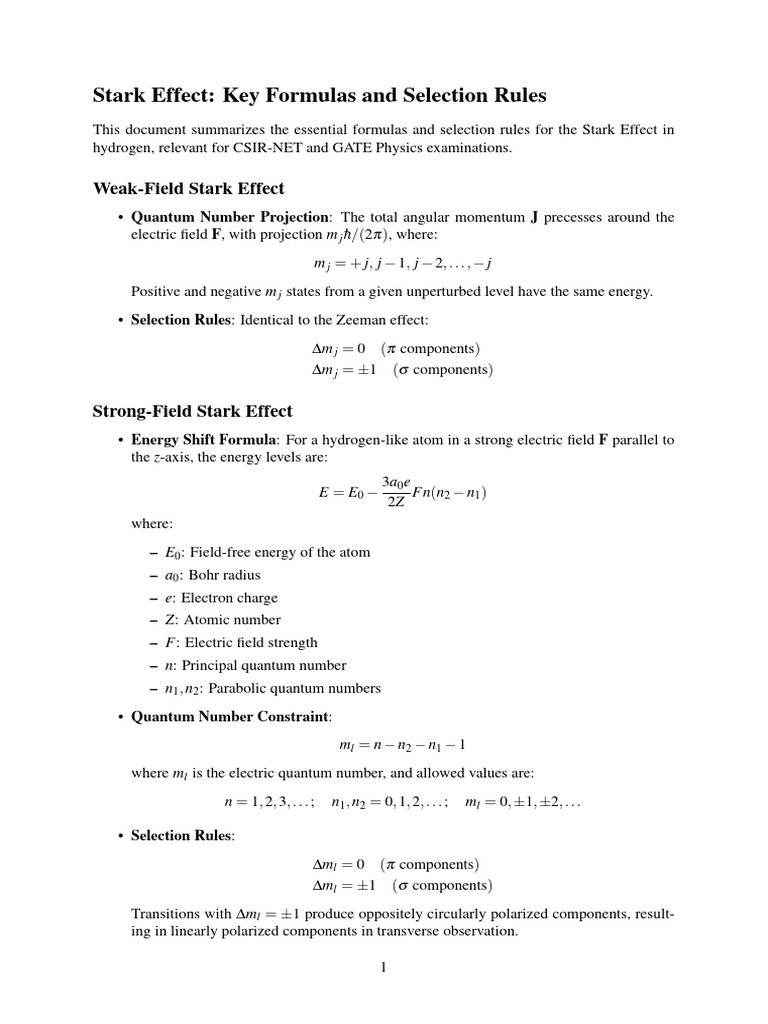 Stark Effect Formulas and Rules Explained | PDF