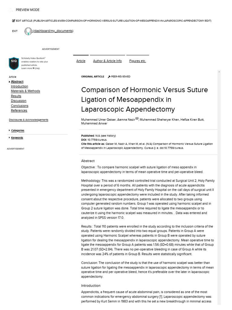 Cureus - Comparison of Hormonic Versus Suture Ligation of Mesoappendix ...