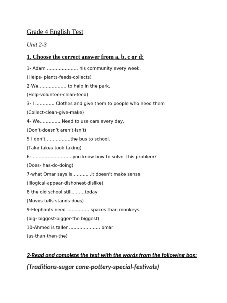 Grade 4 English Test: Community Focus | PDF
