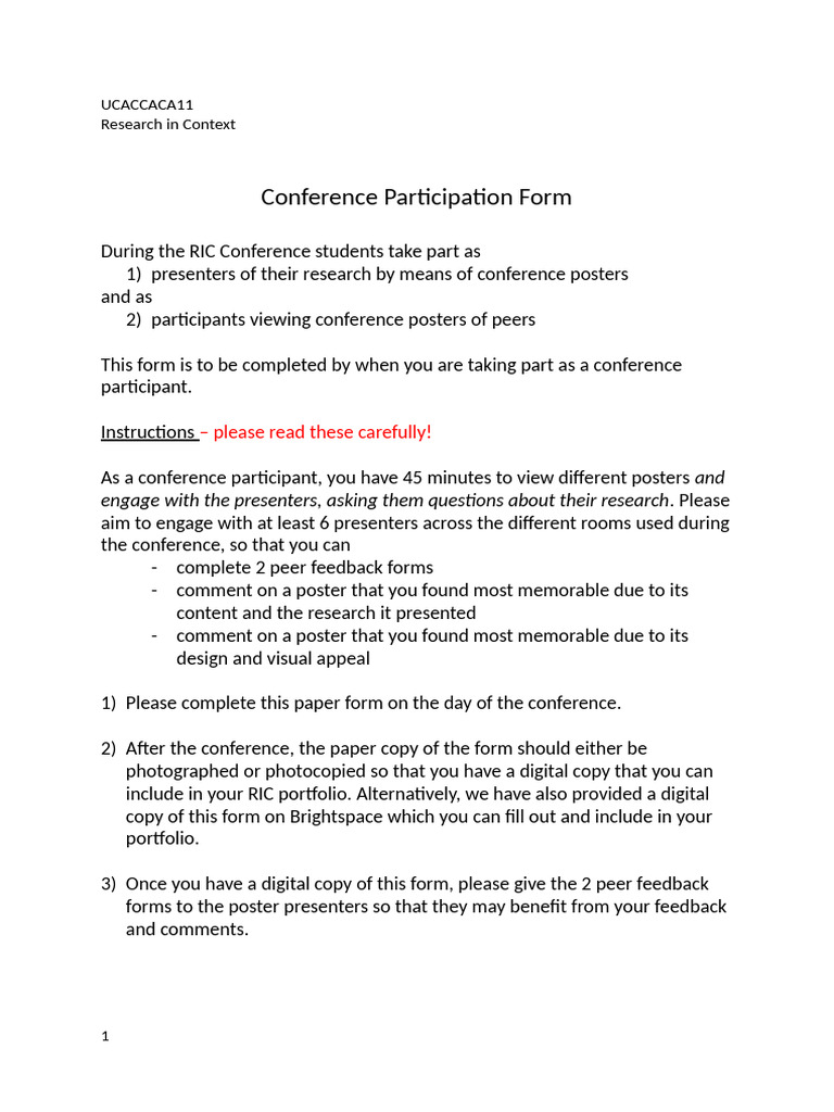 RIC Conference Participant Feedback Form | PDF | Communication | Cognition