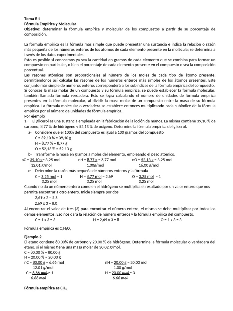 Tema 1 - Formula Empírica y Molecular | PDF | Compuestos químicos ...