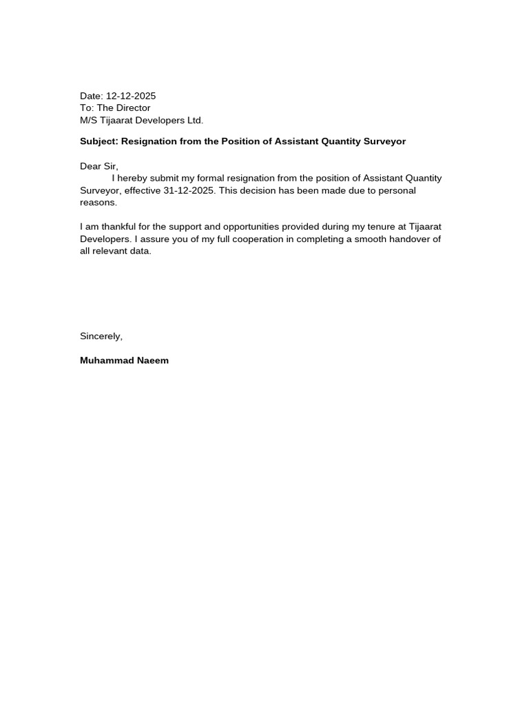 Resignation Letter Naeem[1] | PDF