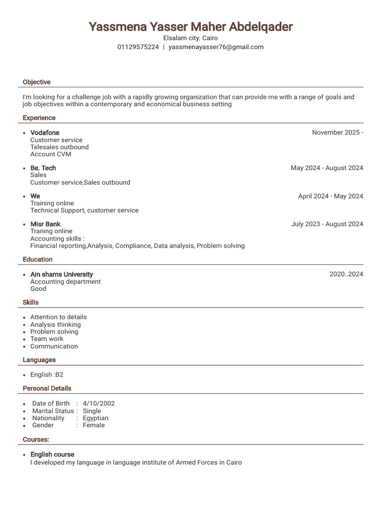 Yassmena Yasser's CV and Skills Overview | PDF