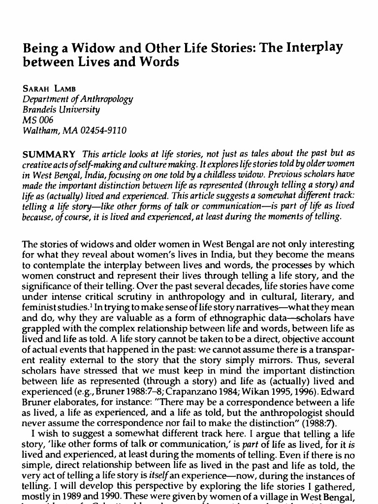 Being a Widow and Other Life Stories | Widow | Narrative