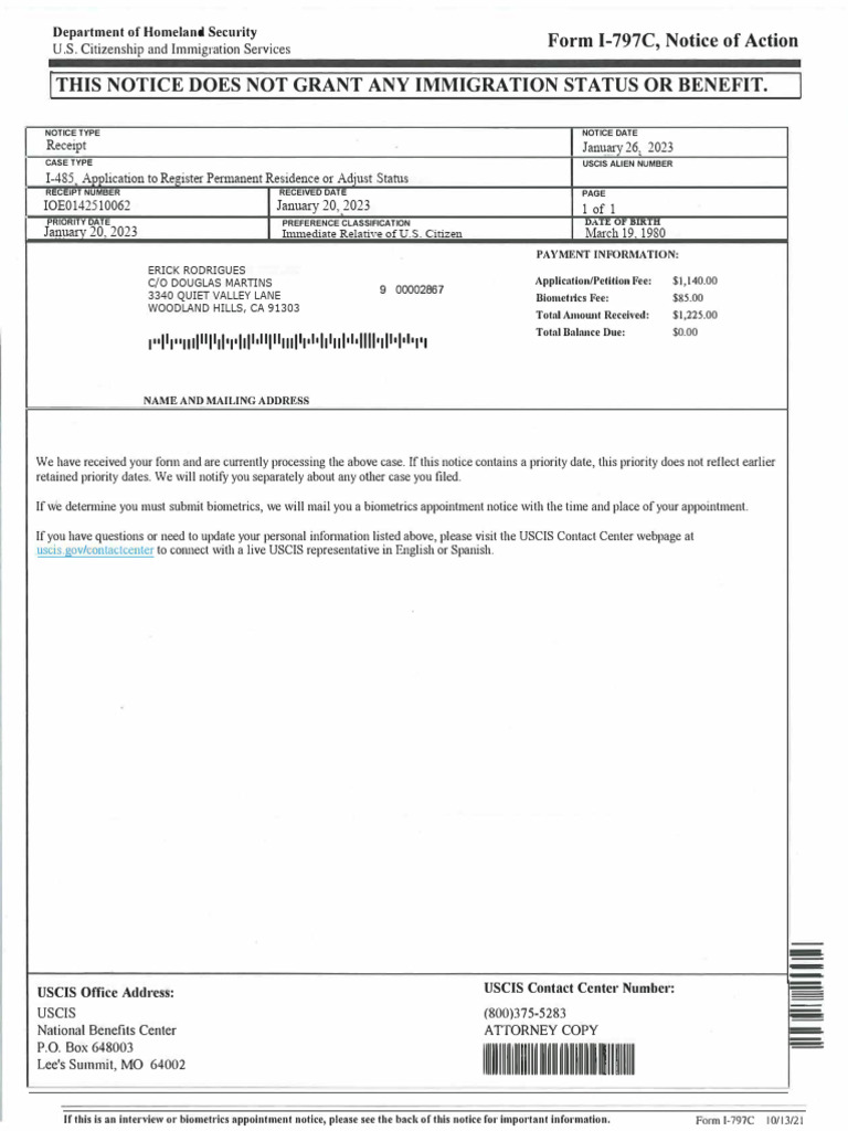 USCIS Form I-797C Receipt Notice | PDF | United States Citizenship And ...