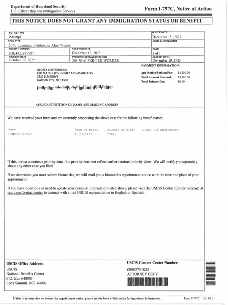 USCIS Form I-797C Receipt Notice | PDF | United States Citizenship And ...