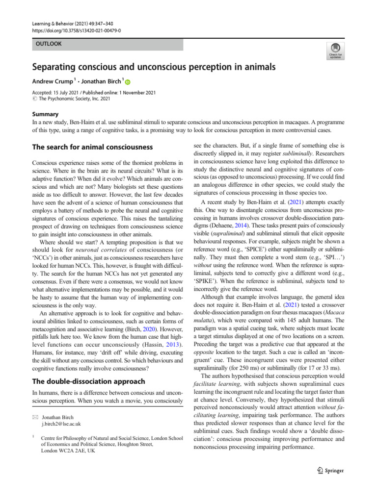 Animal Consciousness: Perception Study | PDF | Consciousness | Learning