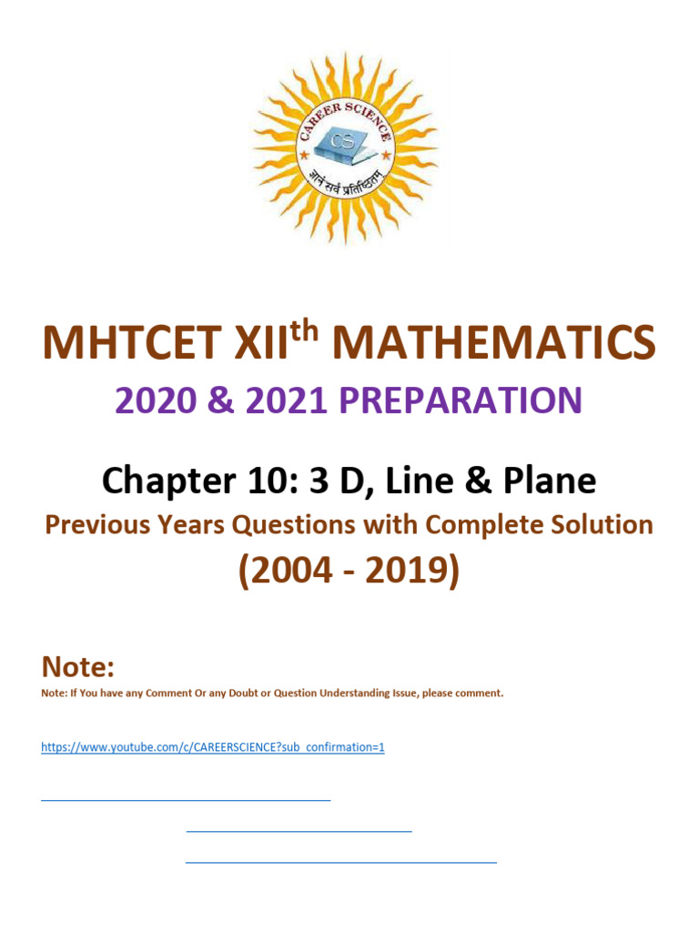 10 Three Dimensional + Line + Plane 12th Mathematics MHTCET Last 16 ...