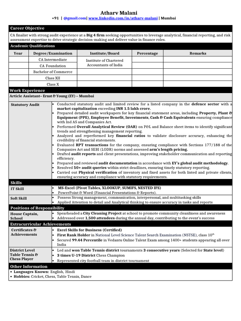 CA Industrial Training CV Format | PDF | Audit | Regulatory Compliance