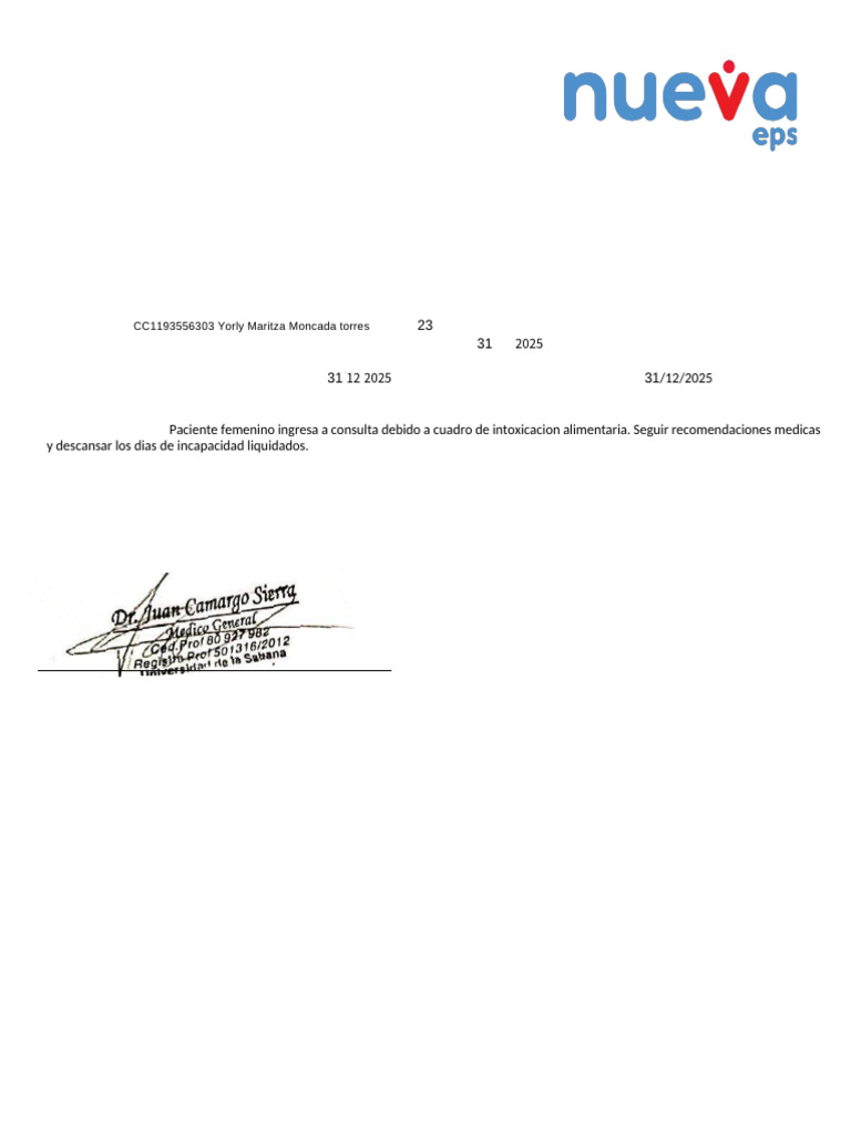 Nueva Eps S.A.S Certificado de Incapacidad: Diagnostico | PDF