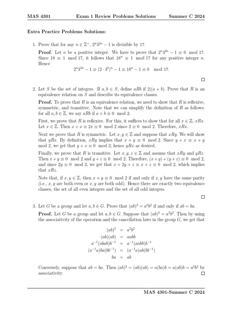MAS 4301 Exam 1 Review Solutions | PDF | Group (Mathematics ...