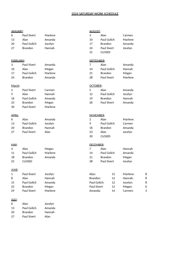 2024 Saturday Work Schedule Overview | PDF