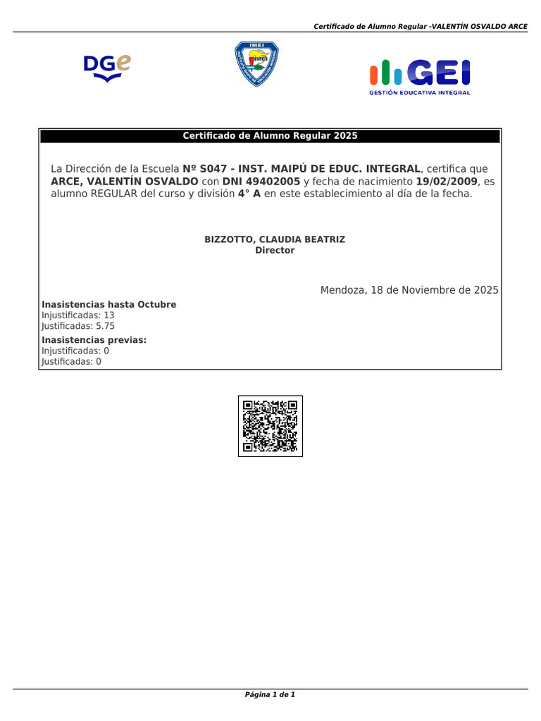 Certificado de Alumno Regular - VALENTÍN OSVALDO ARCE | PDF