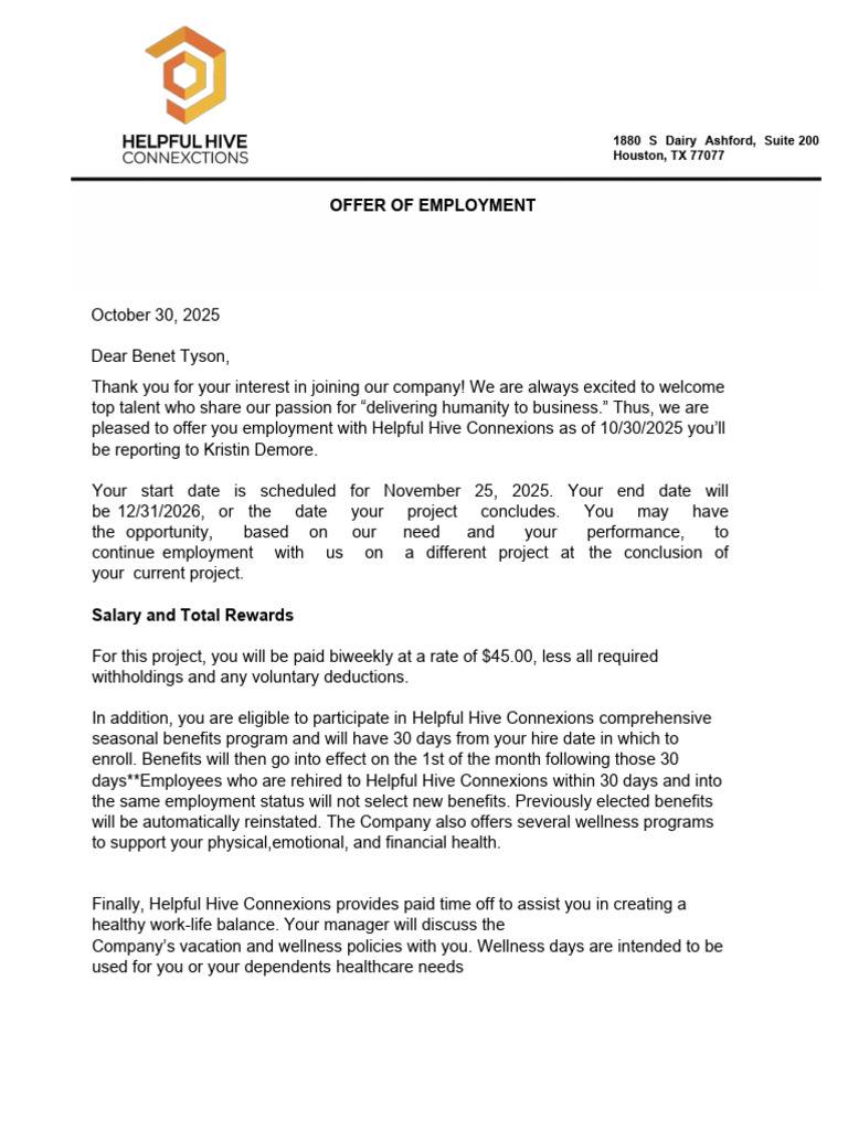 Benet Tyson Job Offer | PDF | Employment | Employee Relations