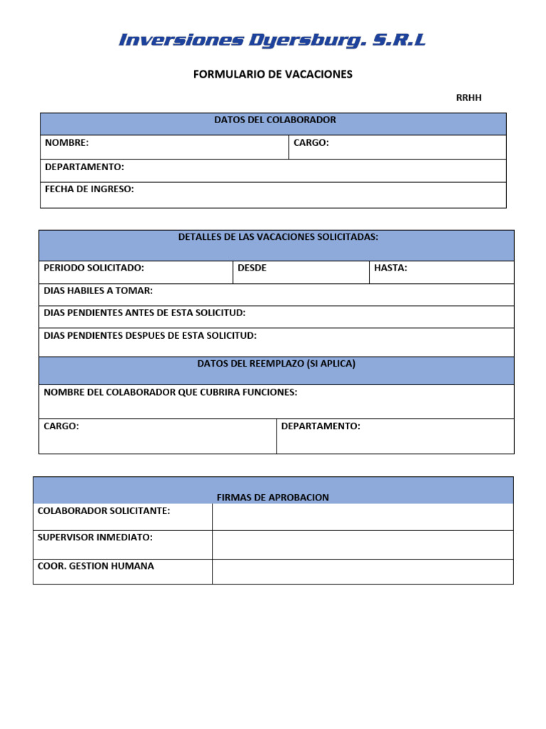 Formulario de Solicitud de Vacaciones | PDF