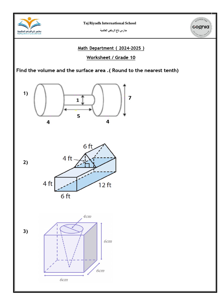 Grade 10 Math Worksheet: Volume & Area | PDF