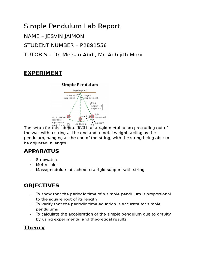 Simple Pendulum Lab For 13th Jan | PDF | Pendulum | Motion (Physics)