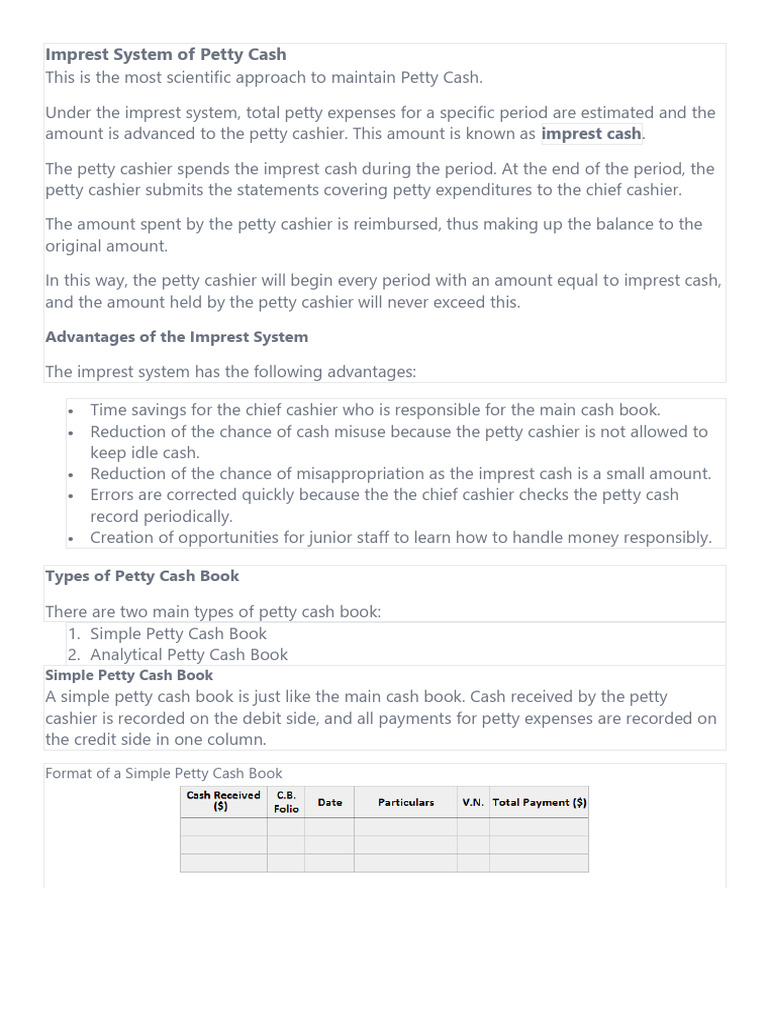Imprest System for Petty Cash Management | PDF