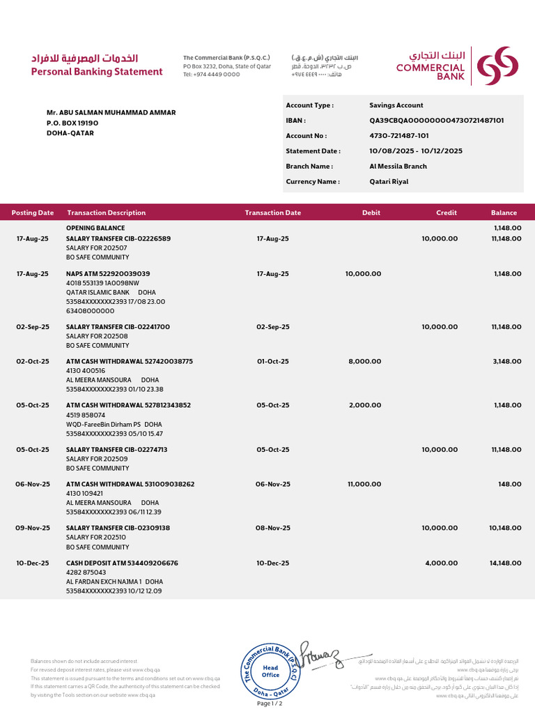 Personal Banking Statement Overview | PDF | Payments | Service Industries