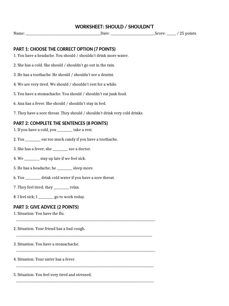 Should and Shouldnt Worksheet | PDF