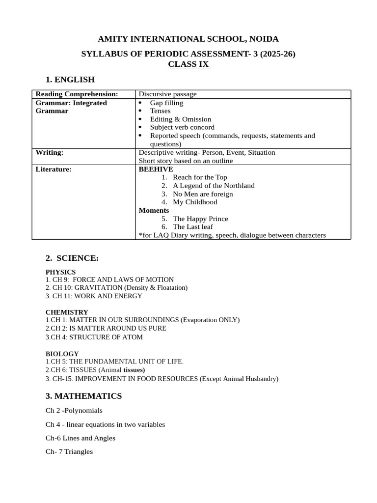 Class IX Periodic Assessment 3 Syllabus | PDF