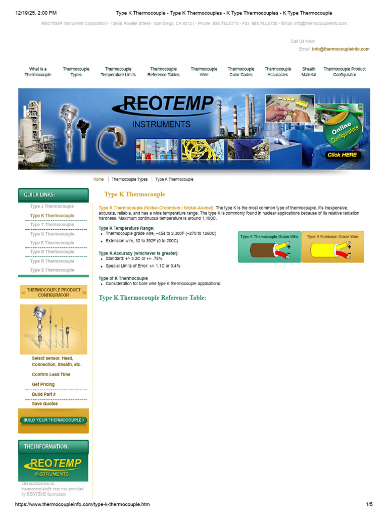 Type K Thermocouple Overview and Specs | PDF | Thermocouple ...
