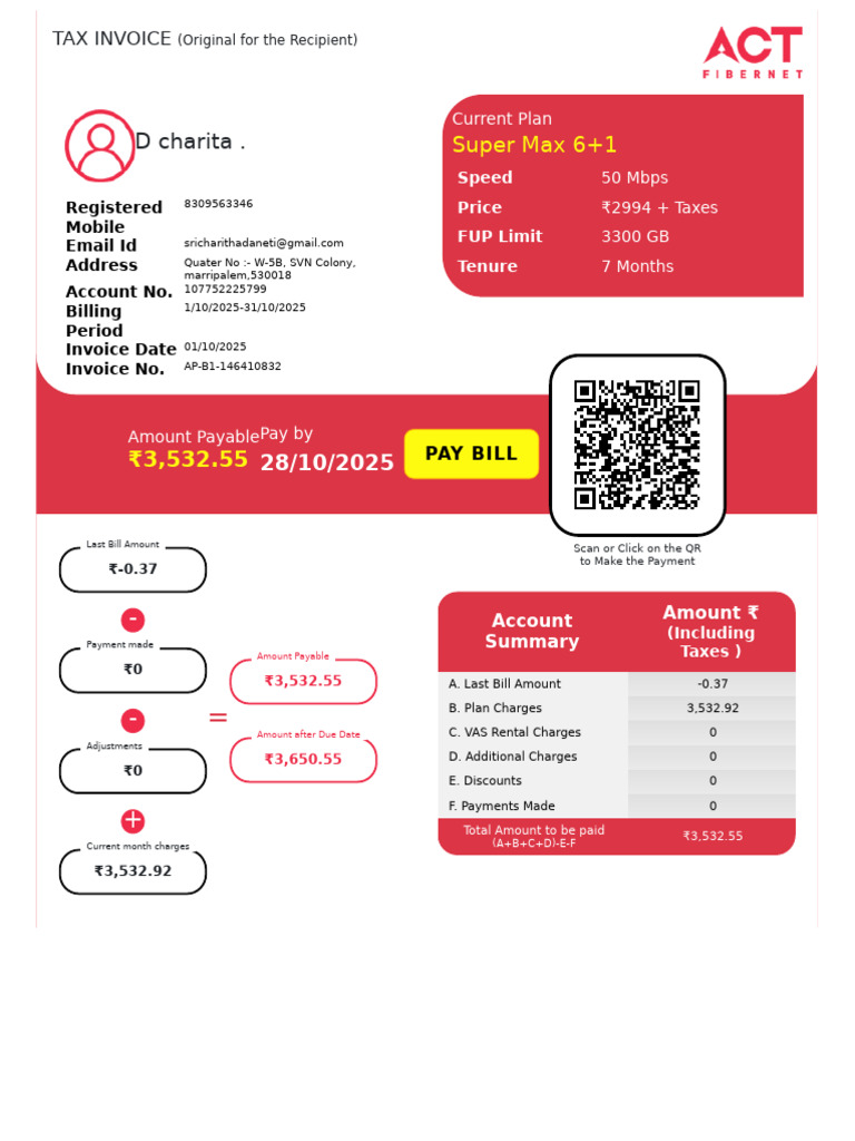 ACT Fibernet Tax Invoice - October 2025 | PDF | Invoice | Payments