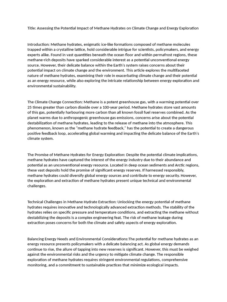 Assessing The Potential Impact of Methane Hydrates On Climate Change ...