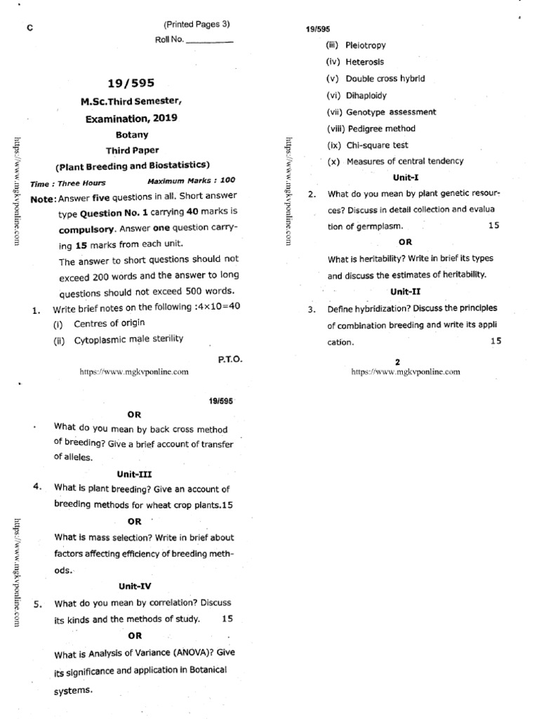 MSC 3 Sem Botany Plant Breeding and Biostatistics 595 2019 | PDF