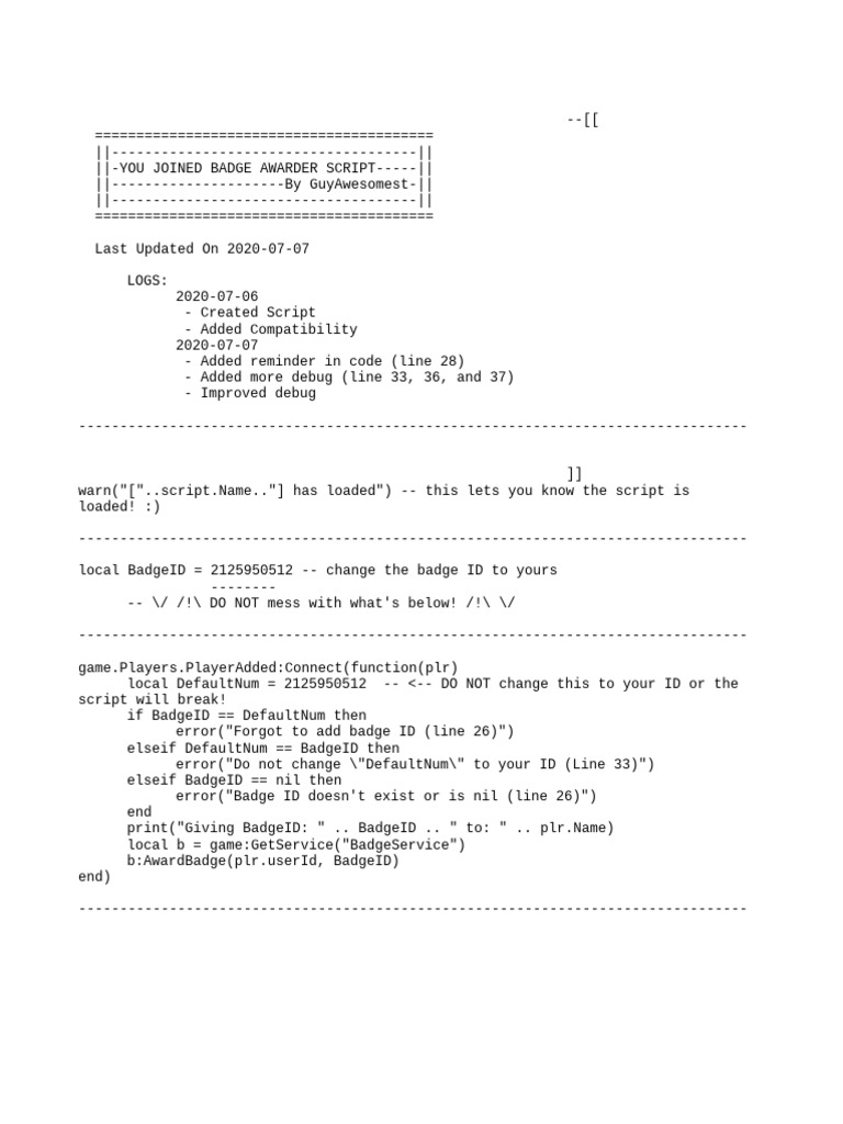 Badge Awarder Script for Roblox | PDF