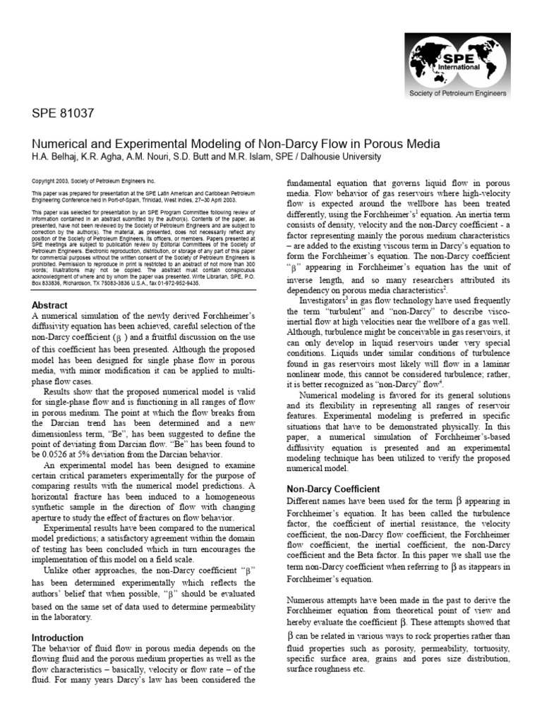 3. Numerical and Experimental Modeling of Non Darcy Flow in Porous ...