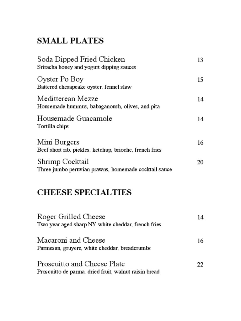 Roger's Restaurant Menu Overview | PDF