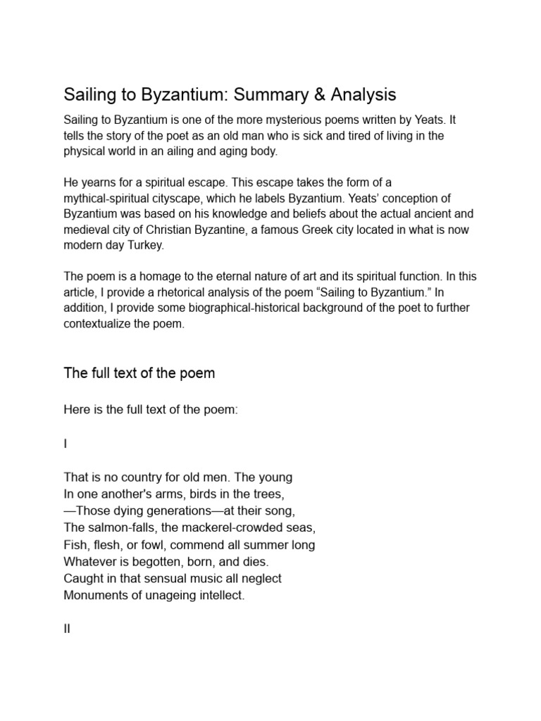 Yeats' "Sailing to Byzantium" Analysis | PDF | Poetry