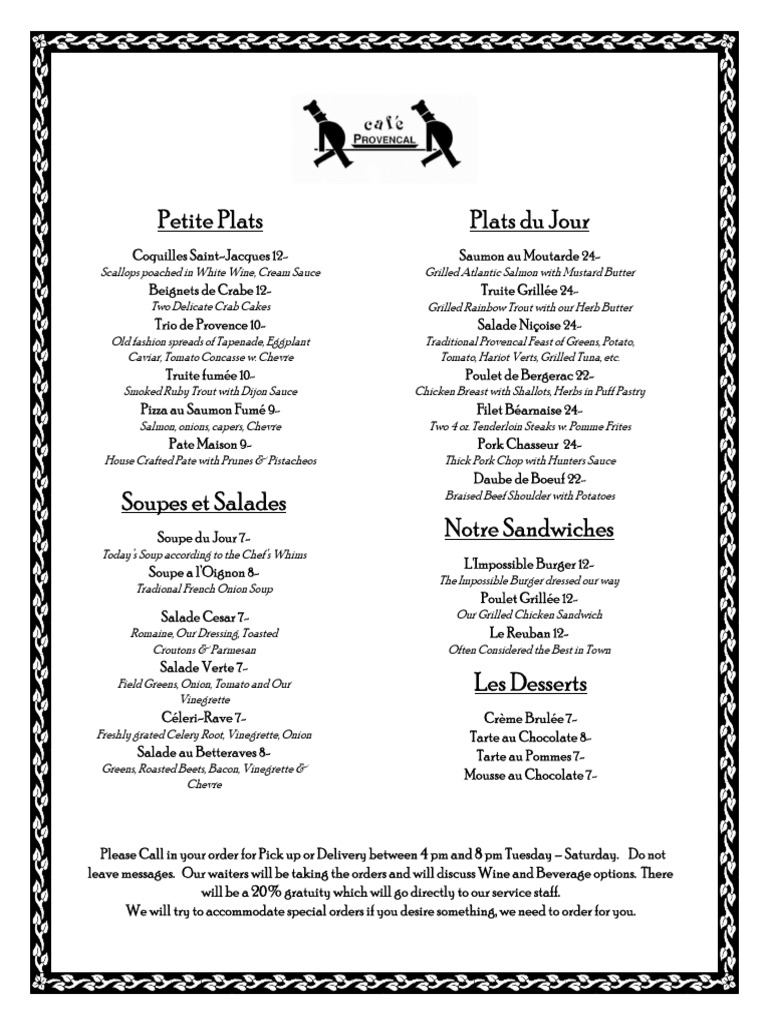 Cafe Provencal Menu | PDF | Hamburgers | Salad