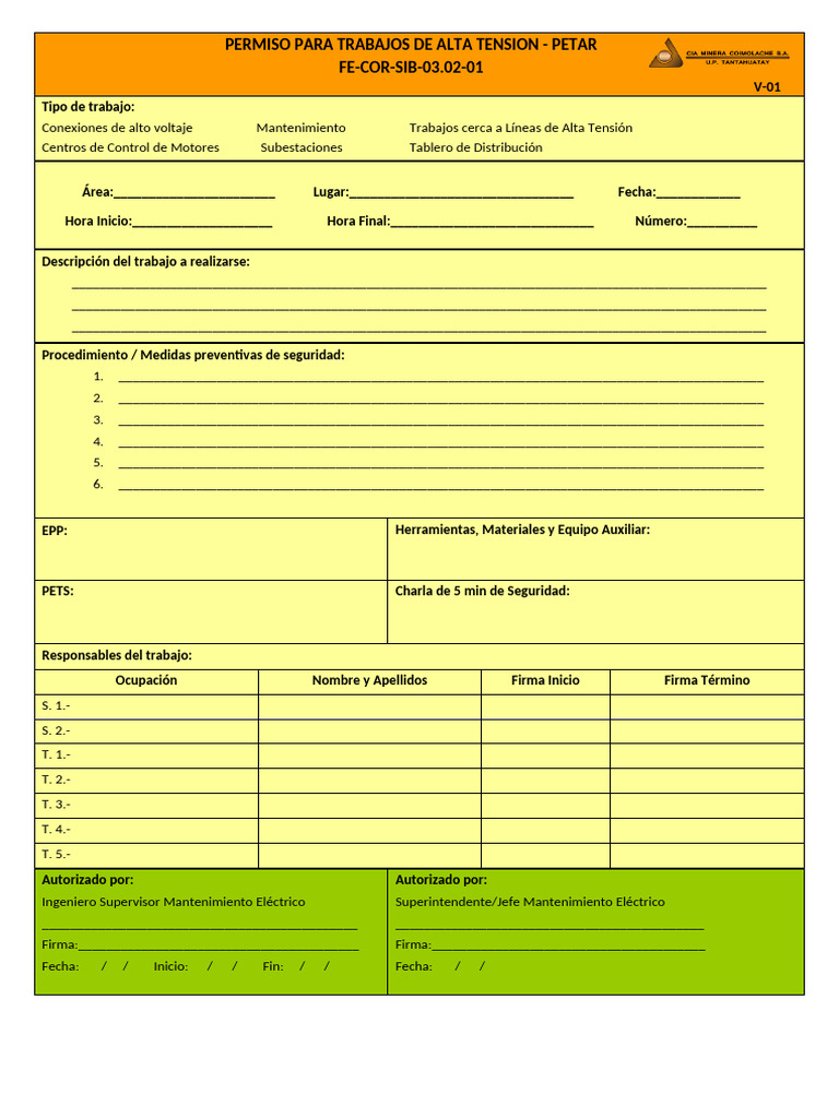 FE-COR-SIB-03.02-01 Permiso Para Trabajos de Alta Tensión - PETAR V1 ...