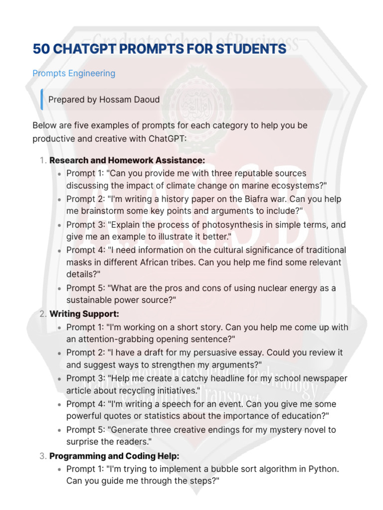 50 ChatGPT Prompts for Students | PDF | Relaxation (Psychology)