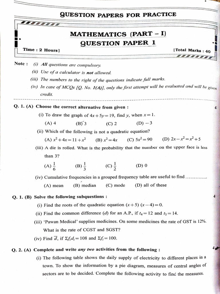 Practice Question Paper Math's Part 1 | PDF | Quadratic Equation ...