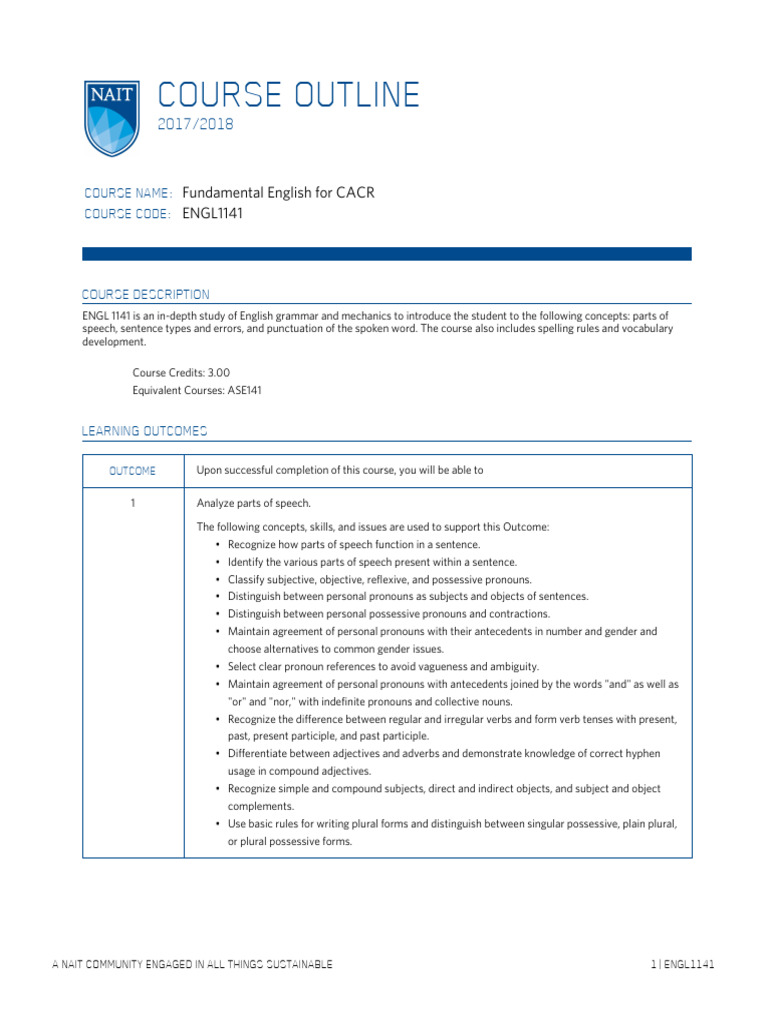 Course Outline ENGL1141 - 2017 | PDF | Pronoun | Part Of Speech