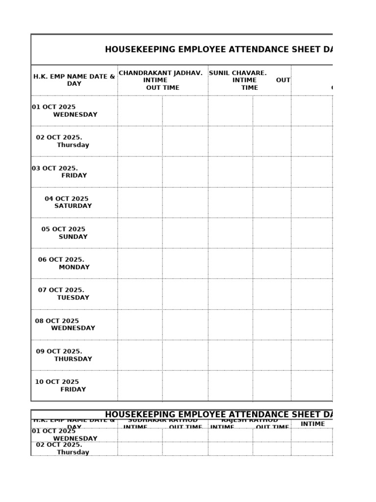 Daily Housekeeping Attendance Sheet | PDF
