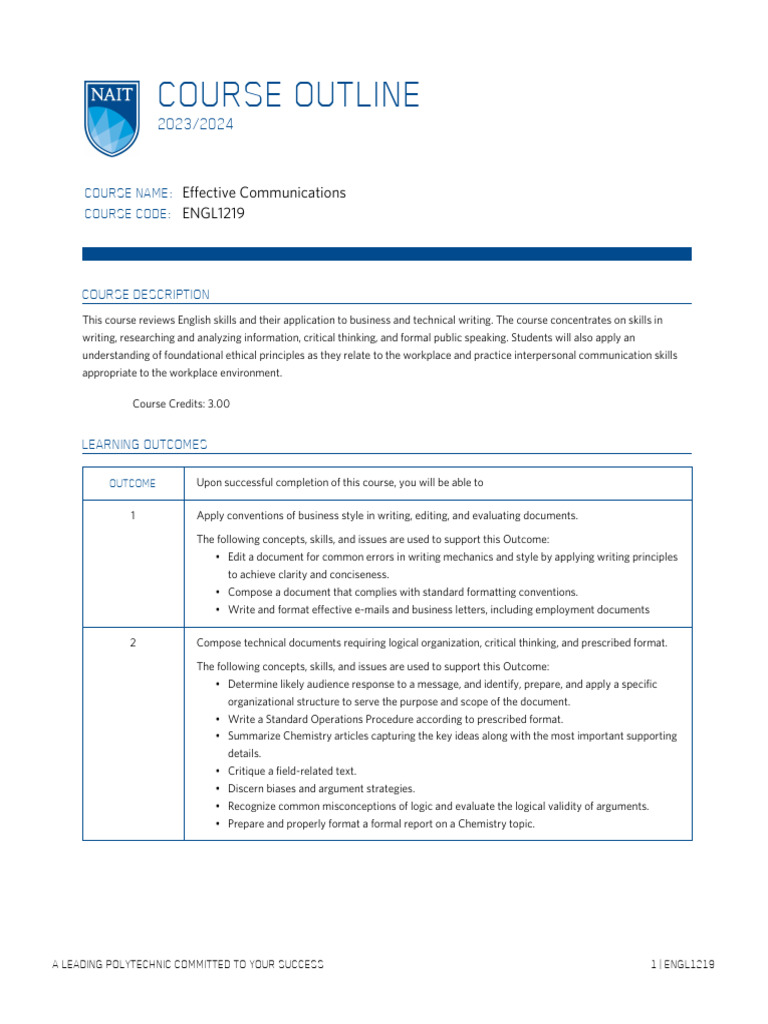 Course Outline ENGL1219 - 2023 | PDF | Public Speaking | Critical Thinking