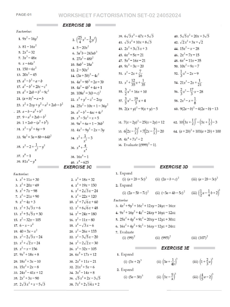 Worksheet Factorisation Set-02 24052024 All | PDF
