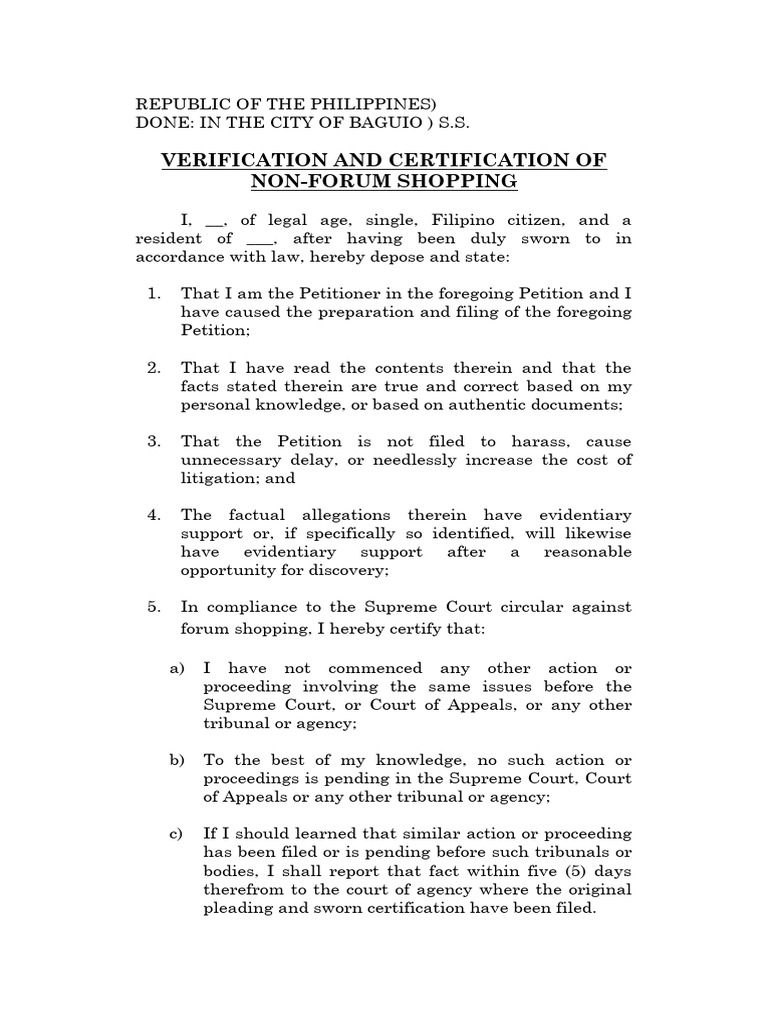 Certification of Non-Forum Shopping | PDF