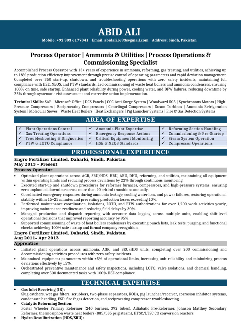 Abid Ali CV | PDF | Ammonia | Boiler
