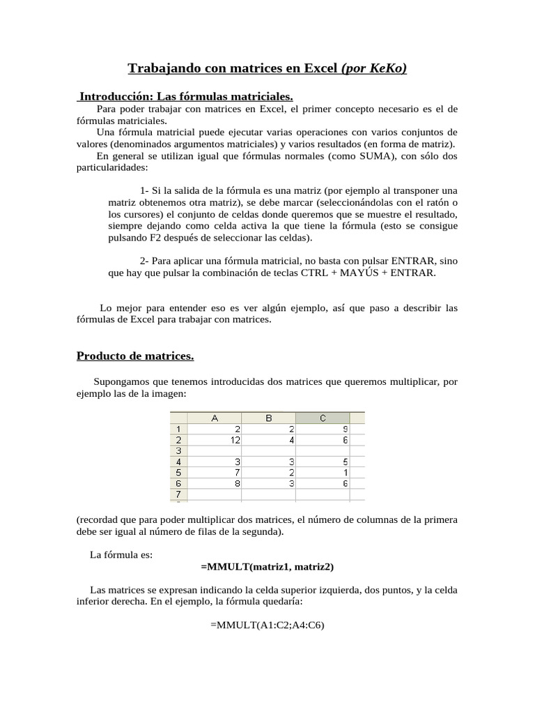 Trabajando Con Matrices en Excel | PDF | Matriz (Matemáticas ...