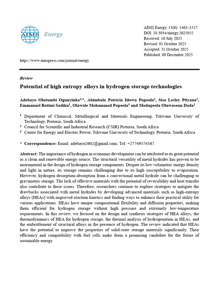 2025 Potential of High Entropy Alloys in Hydrogen Storage Technologies ...