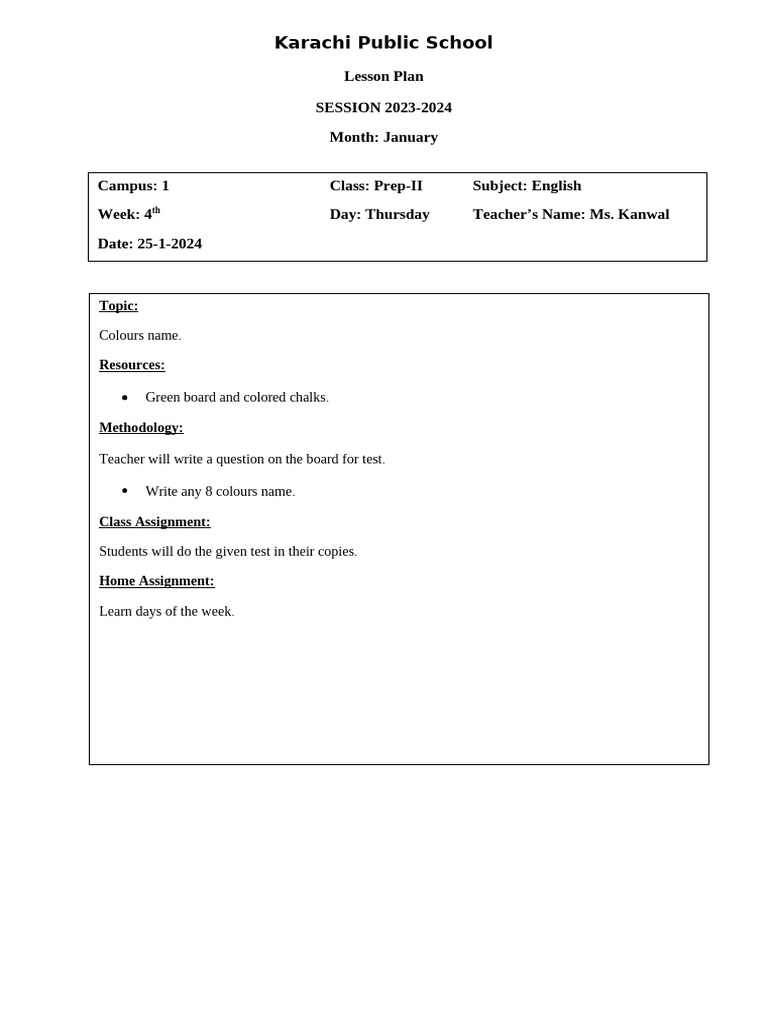 Prep-II English Lesson Plan: Colors | PDF